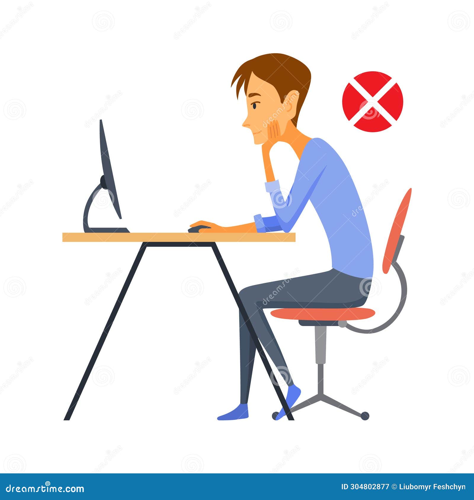 Correct Body Alignment in Sitting Working with Computer. Wrong Posture ...