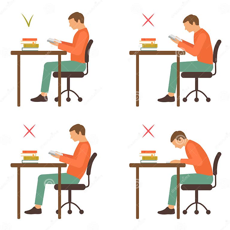 Correct and Incorrect Sitting Position, Reading Stock Vector ...