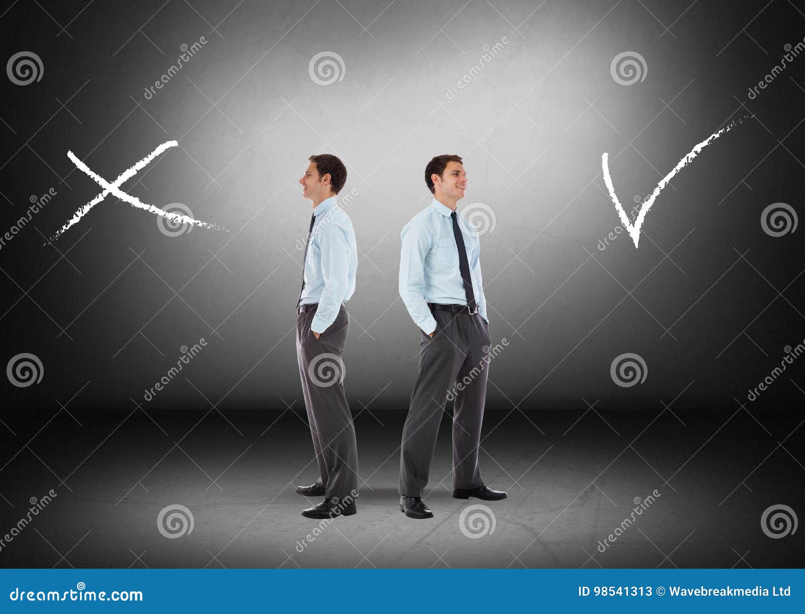 Correct Right or Wrong Drawings with Businessman Looking in Opposite ...