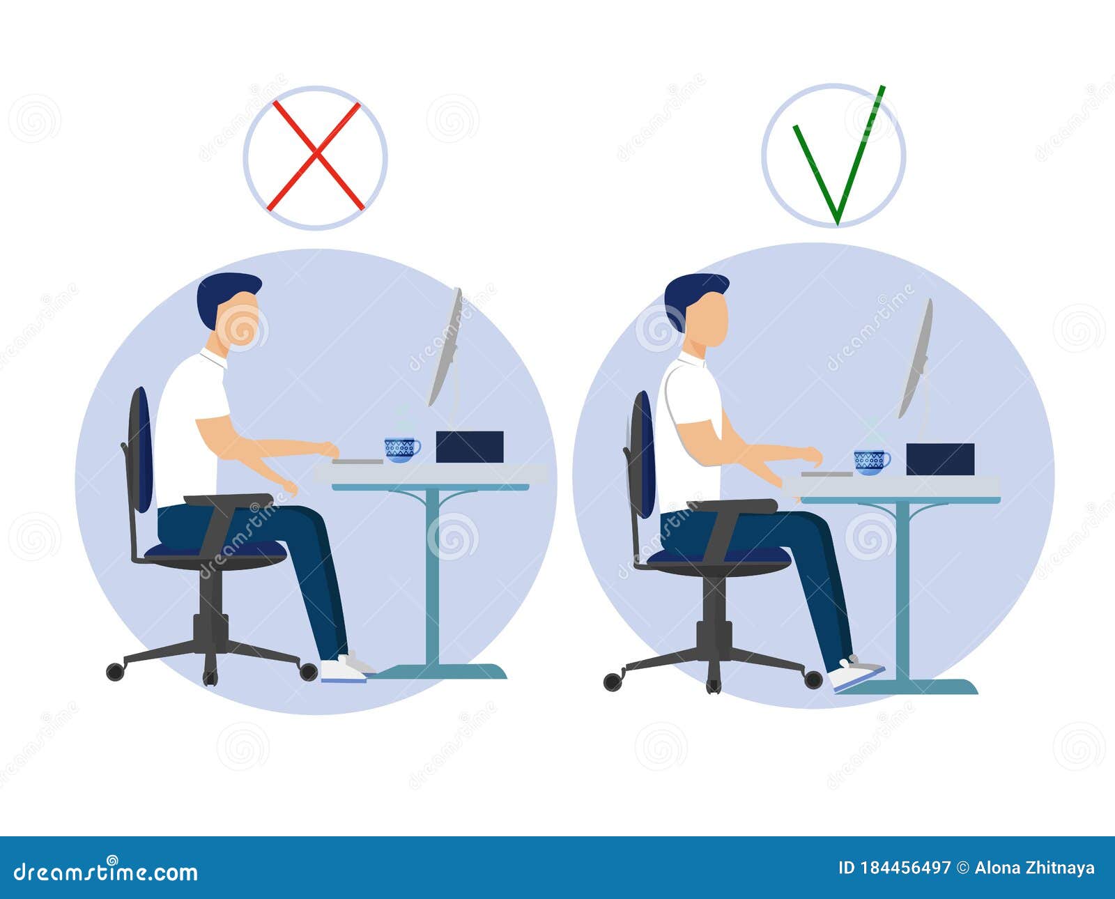 Correct Spine Sitting Posture At Computer Vector Infographics