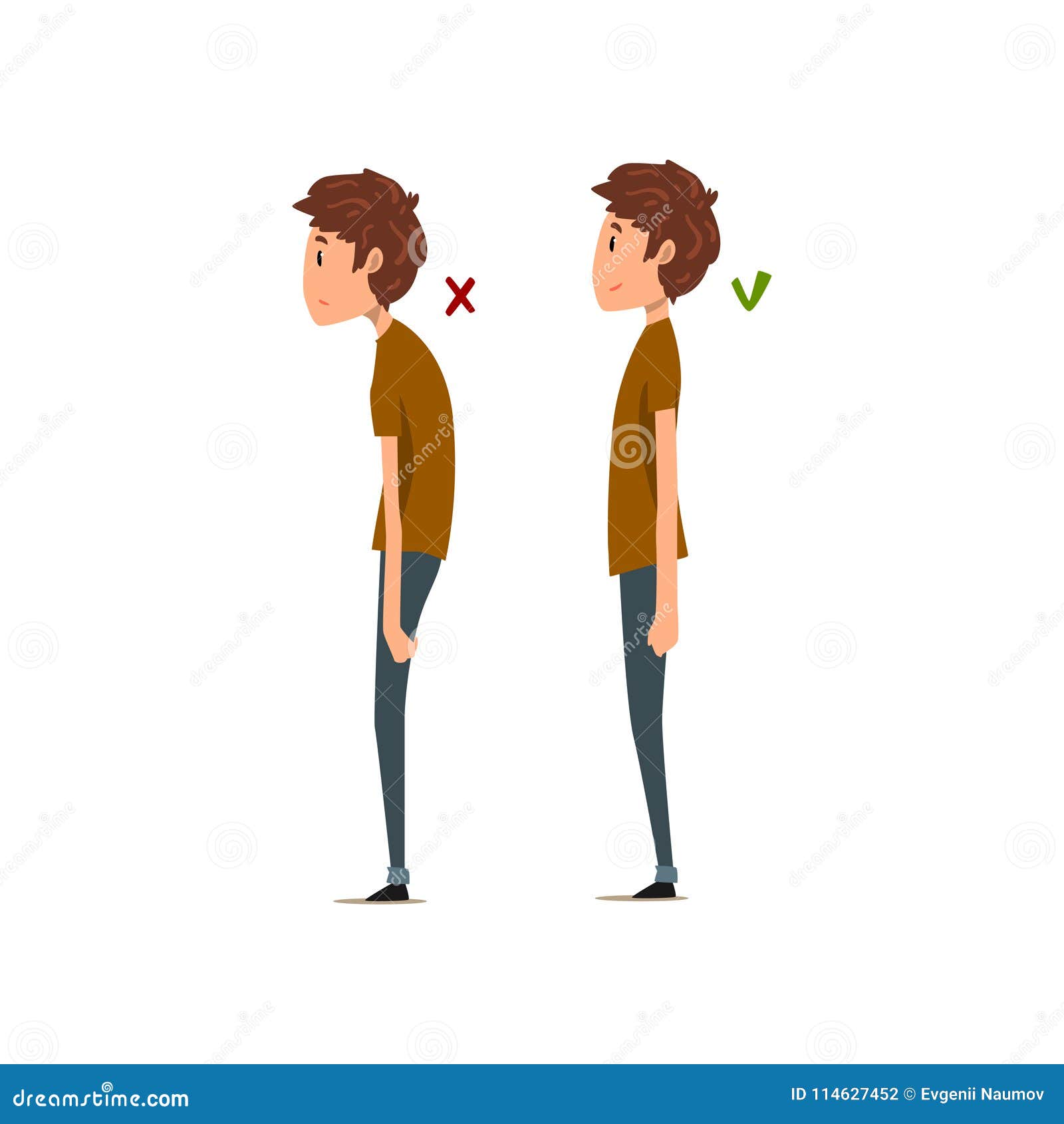 Correct and Wrong Posture, Side View Vector Illustration on a White ...