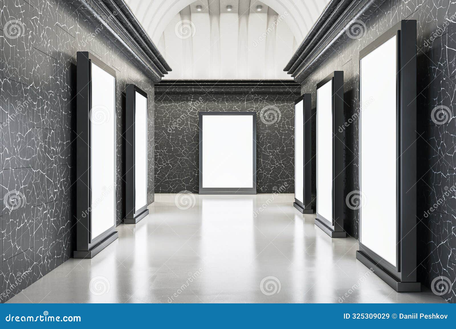 A Corridor with Blank Lightbox Posters for Mockup, Marble Walls and ...