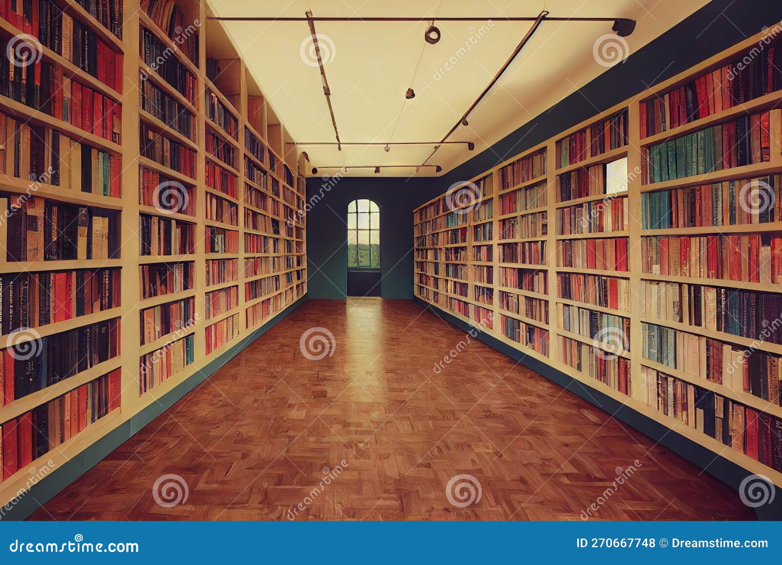 Corridor with Book Shelves in Modern University Library Background ...
