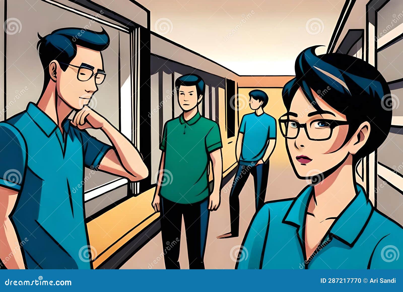 In the Corridor of a Campus, Students are Talking about a Very ...