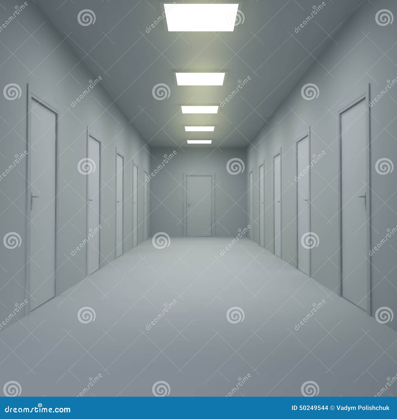 Corridor with Closed Doors and Lighting. 3d Illustration. Stock ...