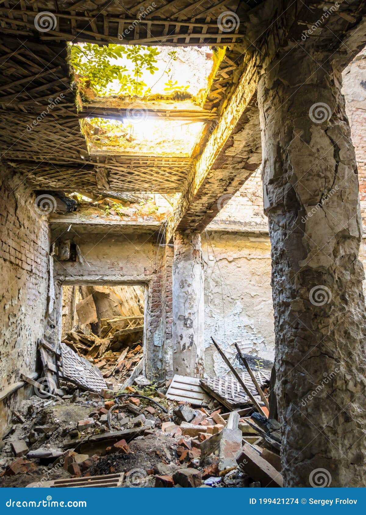 Corridor with Construction Debris, Shabby Walls, Peeling Columns and ...