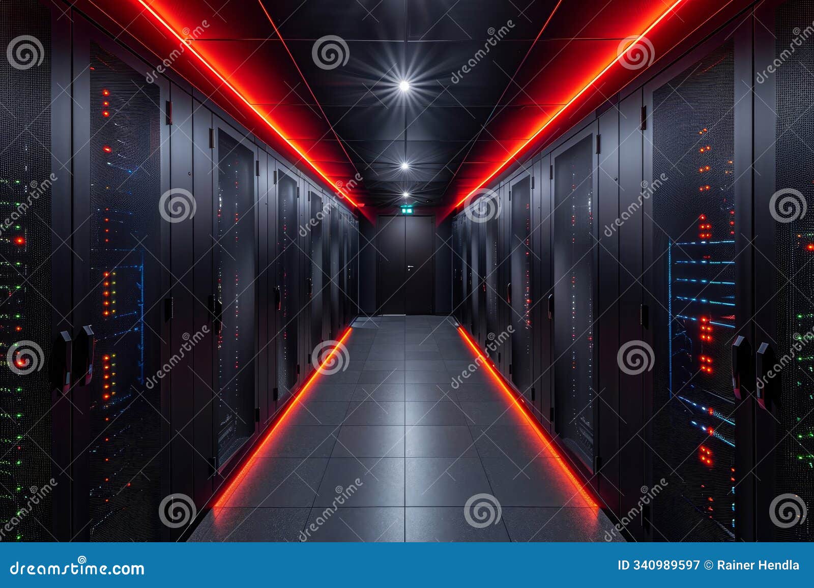 Modern Server Room Corridor Illuminated with Red Lights in a Data ...