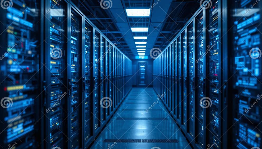 Corridor of a Data Center, Lined with Tall Server Racks Filled with ...