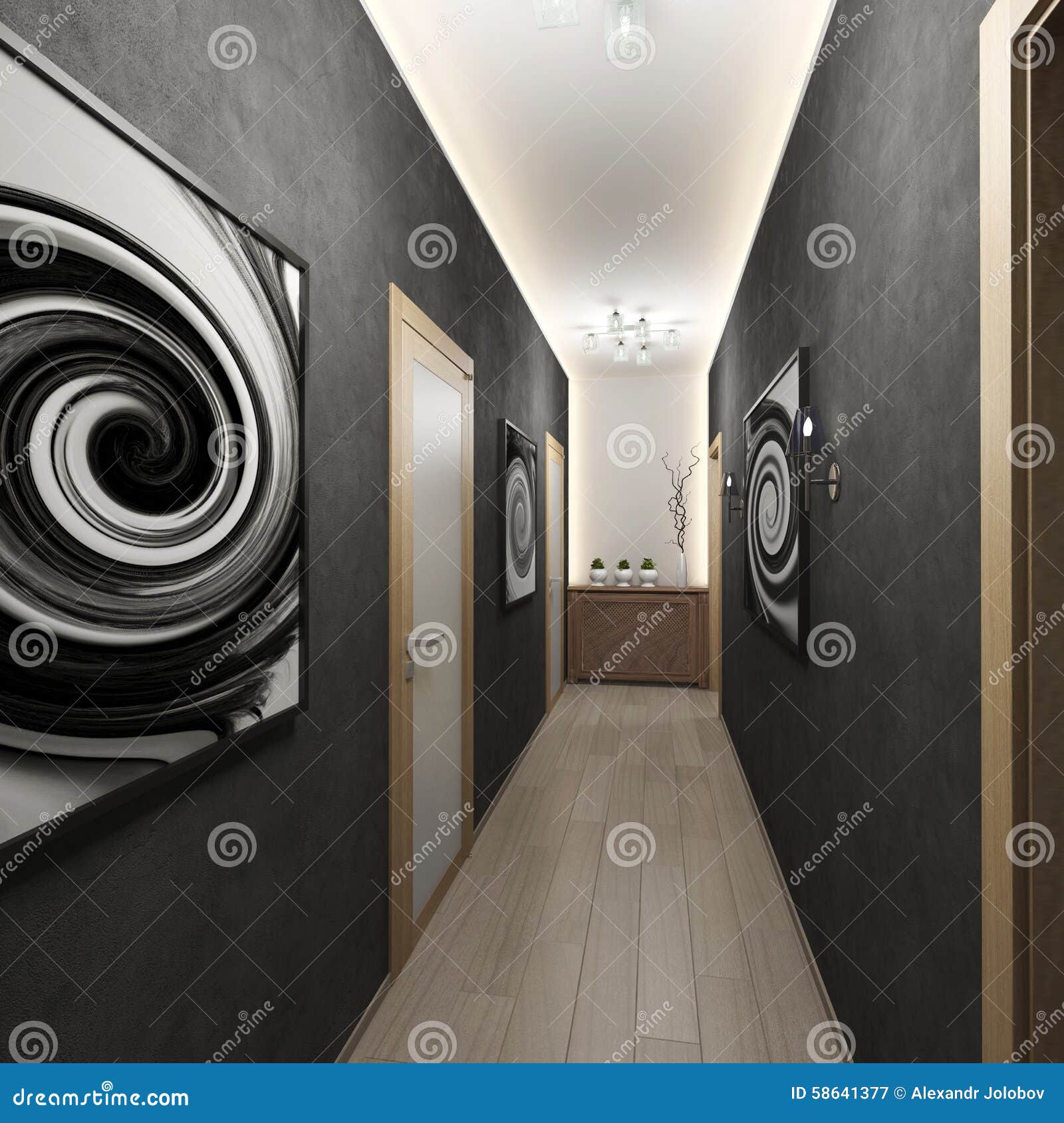 Corridor with Doors and Wall Decorative Plaster Stock Illustration ...