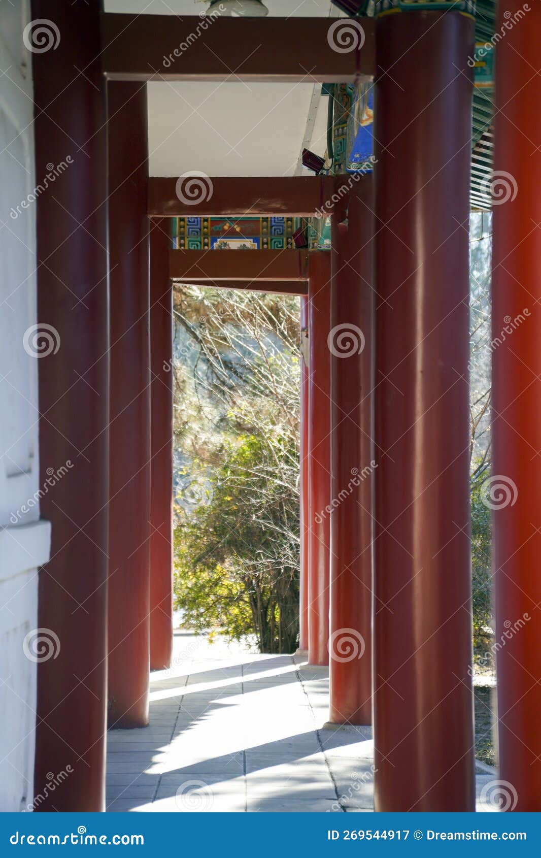 The Corridor is Flanked by Tall Red Columns in a School Stock Image ...