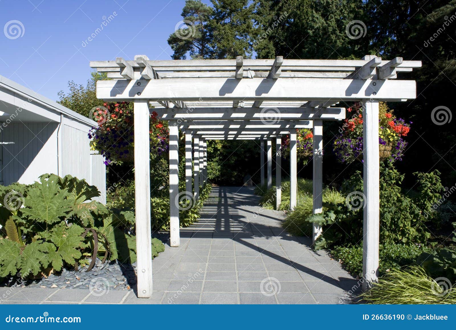 Corridor with Hanging Flowers Stock Photo - Image of front, outdoor ...