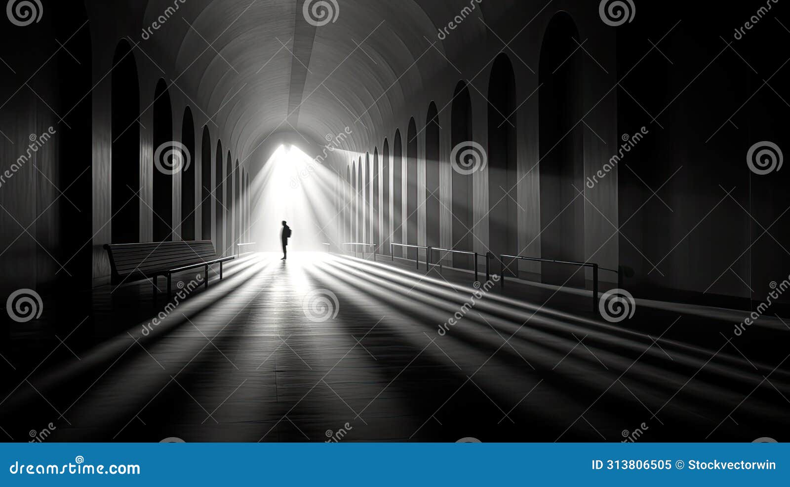 Corridor Light Rays Black and White Stock Illustration - Illustration ...