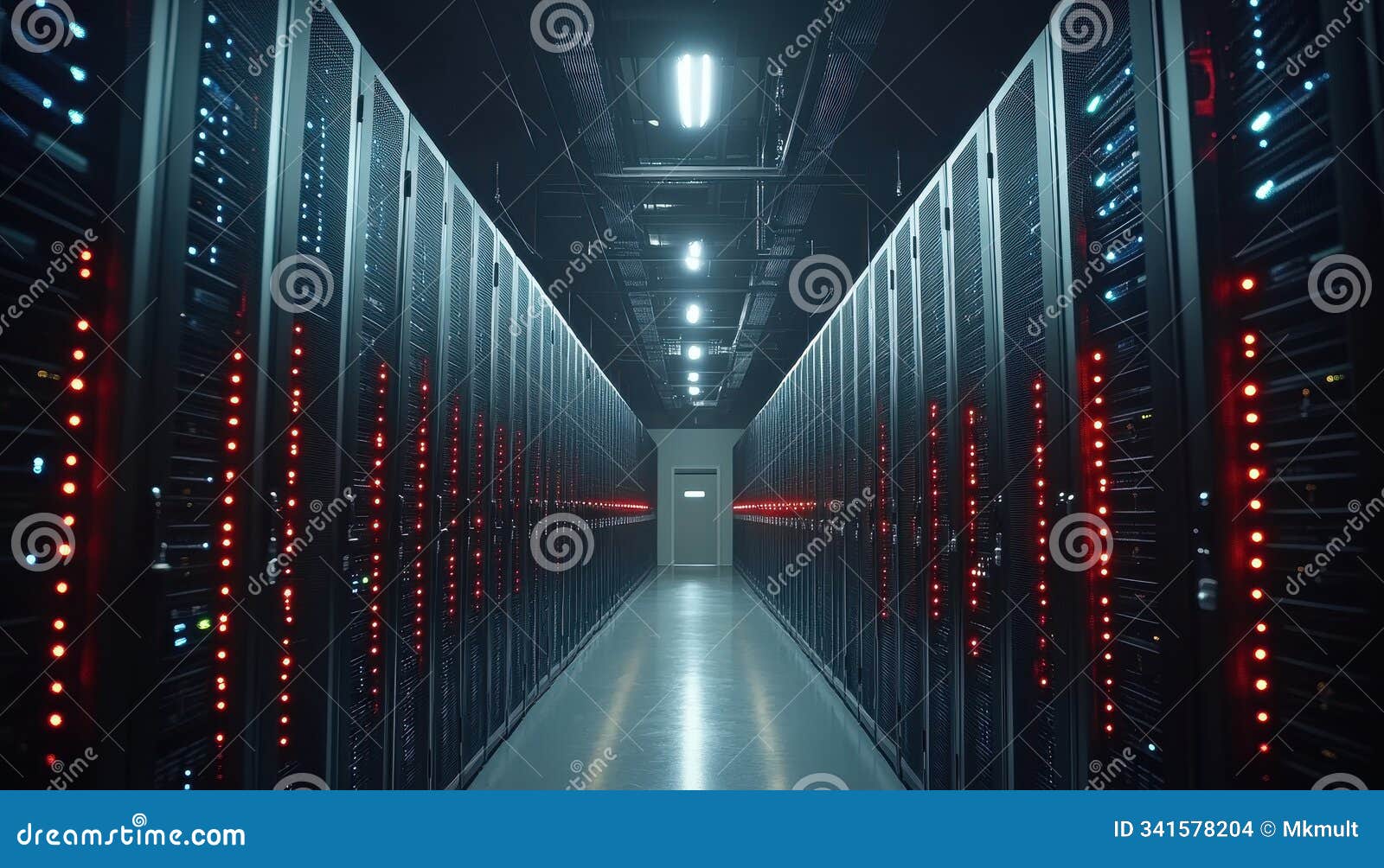 A Corridor Lined with Illuminated Server Racks in a Data Center at ...