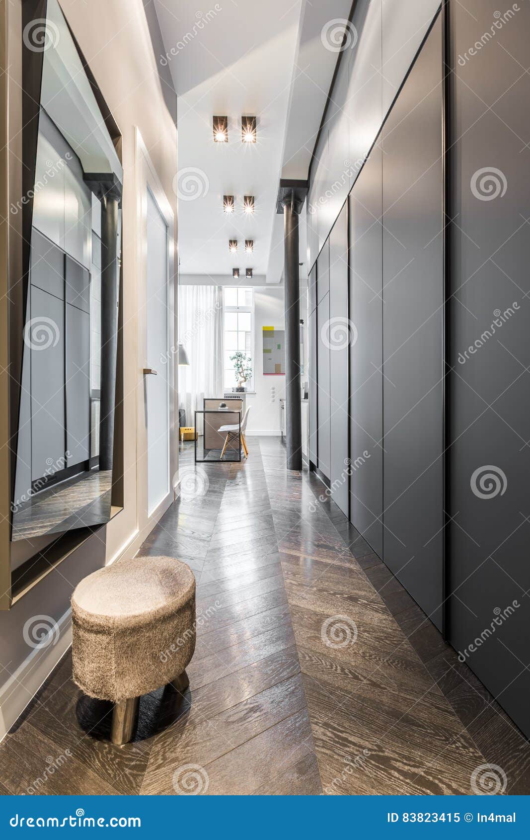 Corridor with Mirror and Stool Stock Image - Image of black, entrance ...