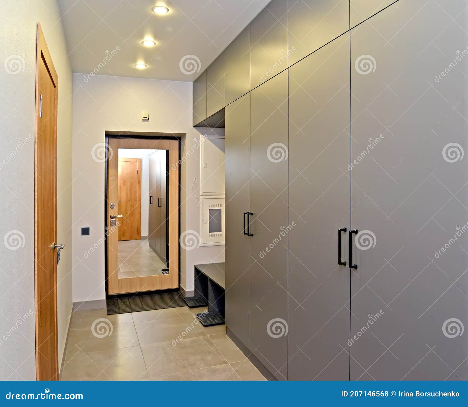 Corridor with Mirrored Entrance Door Stock Photo - Image of minimalism ...
