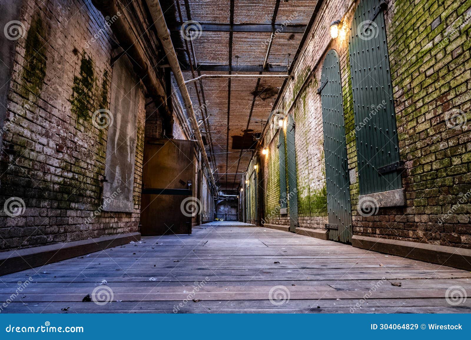 Corridor in an Old, Abandoned Jail with Brick Walls Stock Image - Image ...