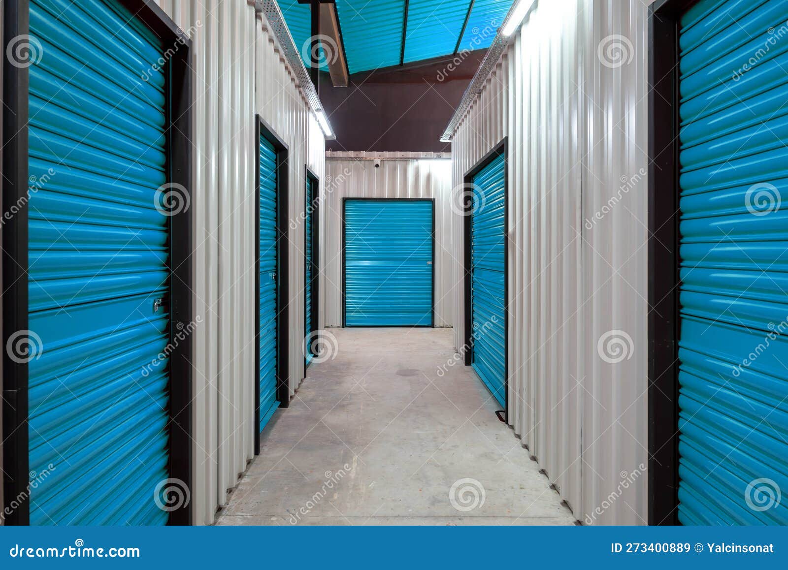 Corridor of Self Storage Unit with Blue Doors. Rental Storage Units ...