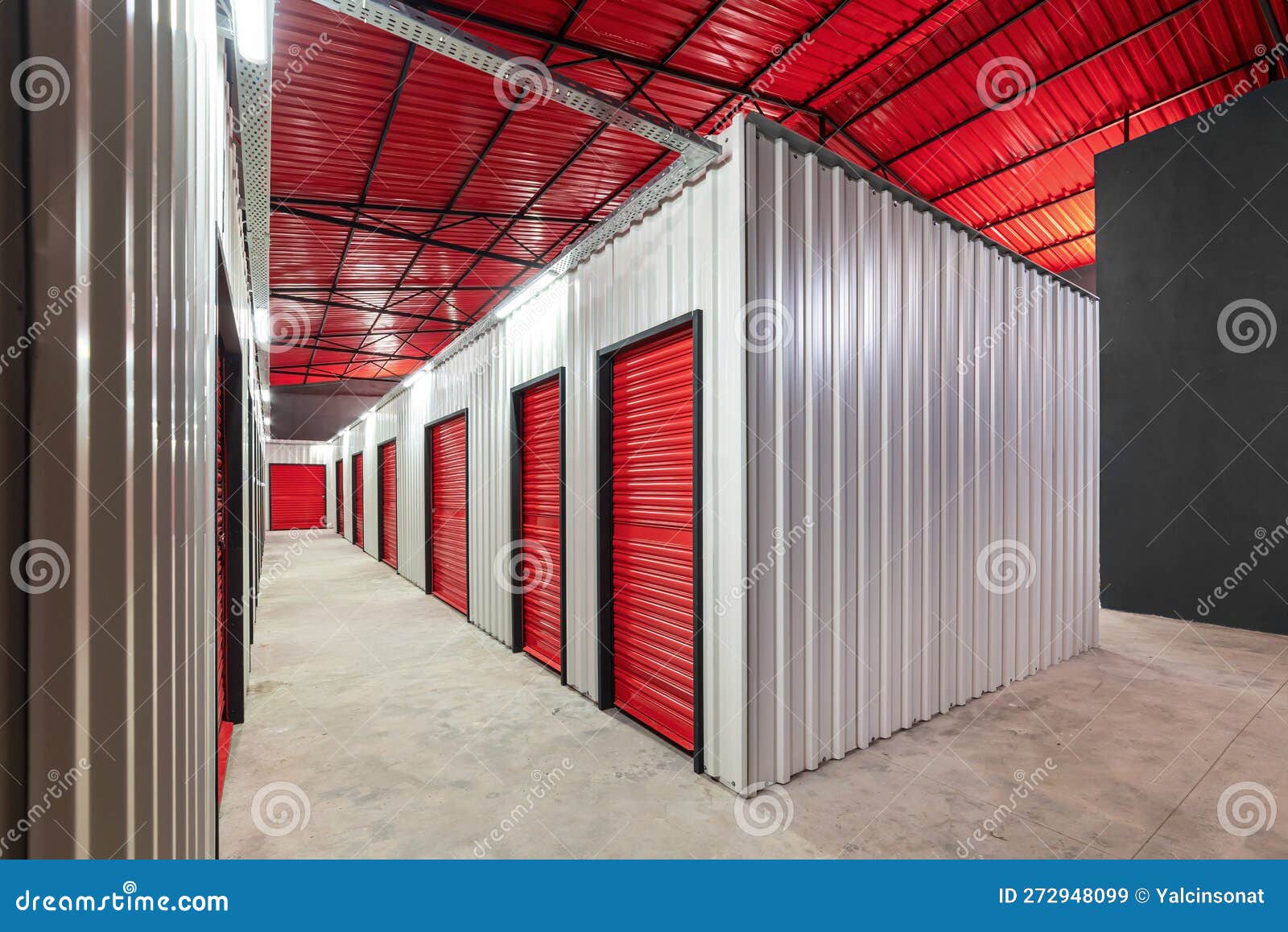 Corridor of Self Storage Unit with Red Doors. Rental Storage Units ...