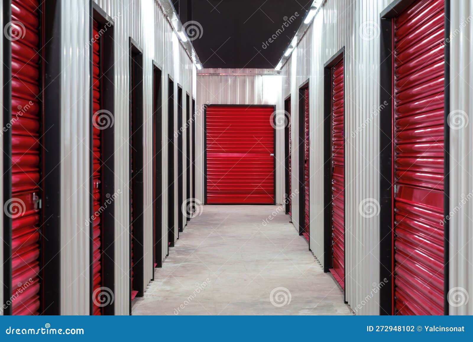 Corridor of Self Storage Unit with Red Doors. Rental Storage Units ...