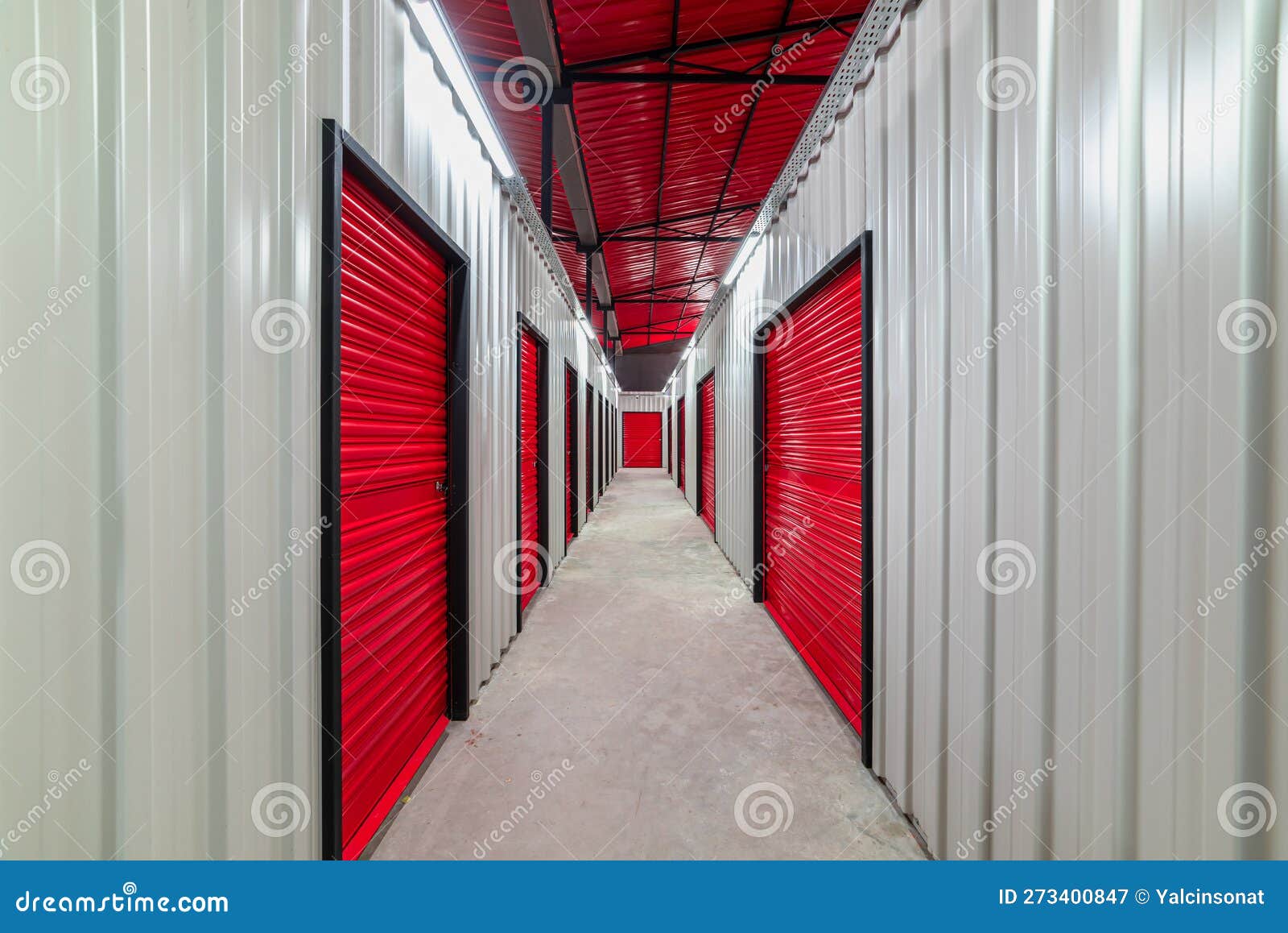 Corridor of Self Storage Unit with Red Doors. Rental Storage Units ...