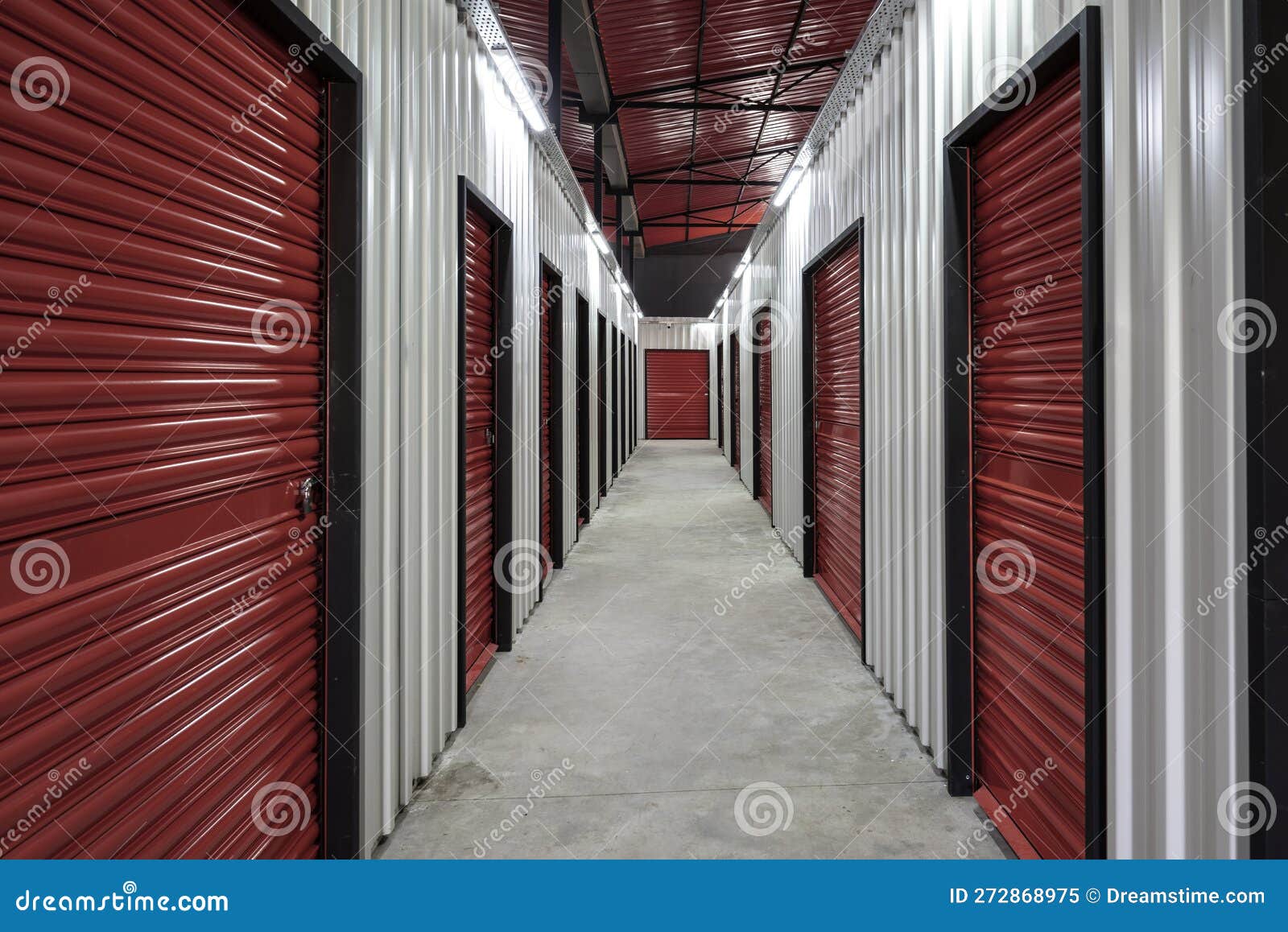 Corridor of Self Storage Unit with Red Doors. Rental Storage Units ...