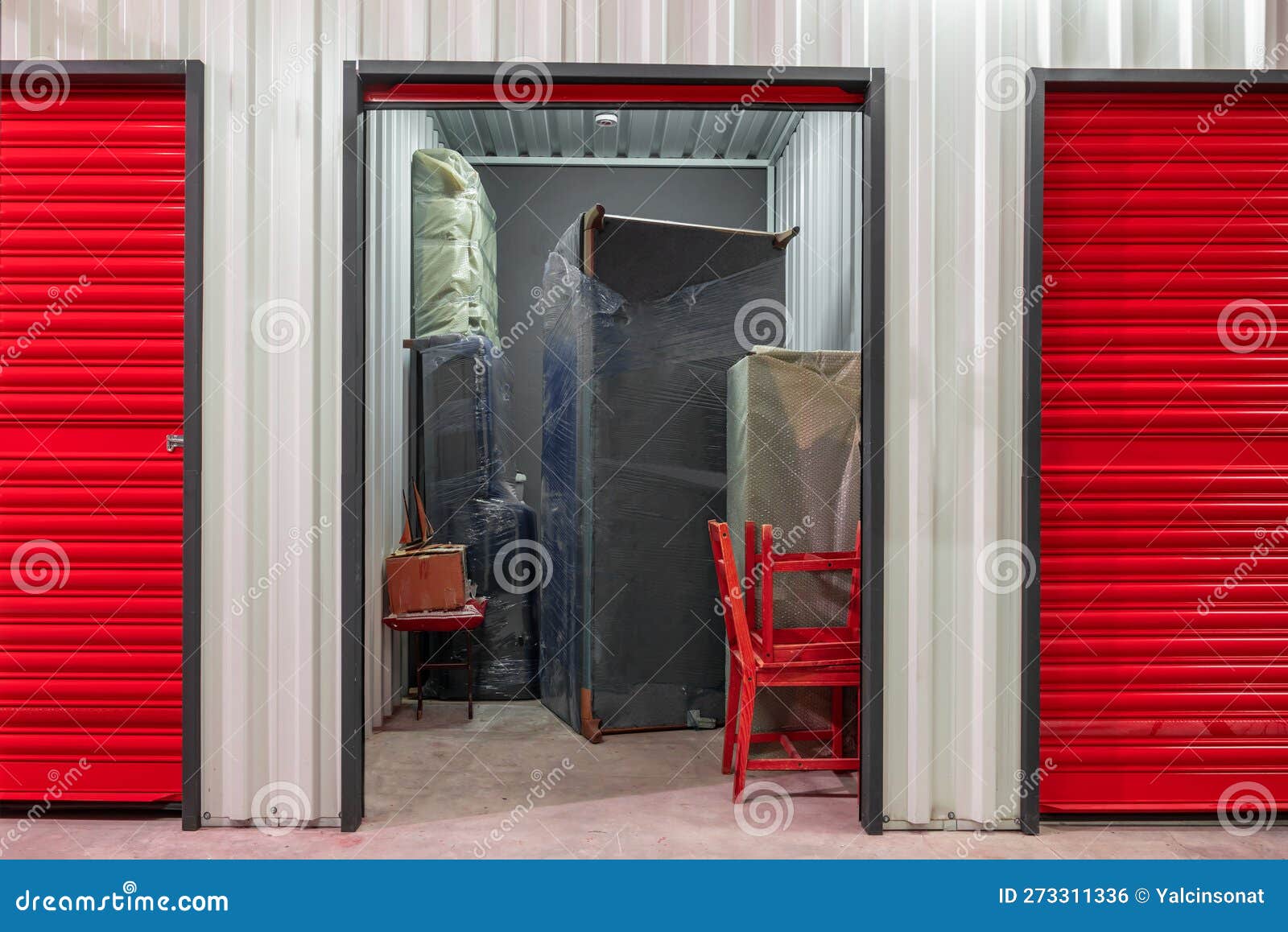 Corridor of Self Storage Unit with Red Doors. Rental Storage Units ...