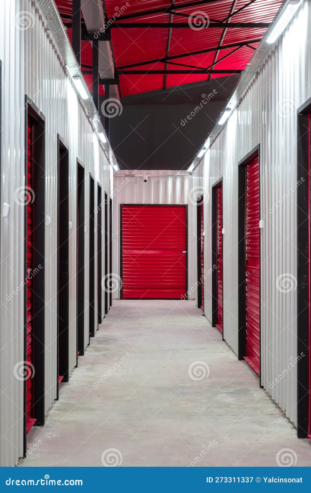 Corridor of Self Storage Unit with Red Doors. Rental Storage Units ...