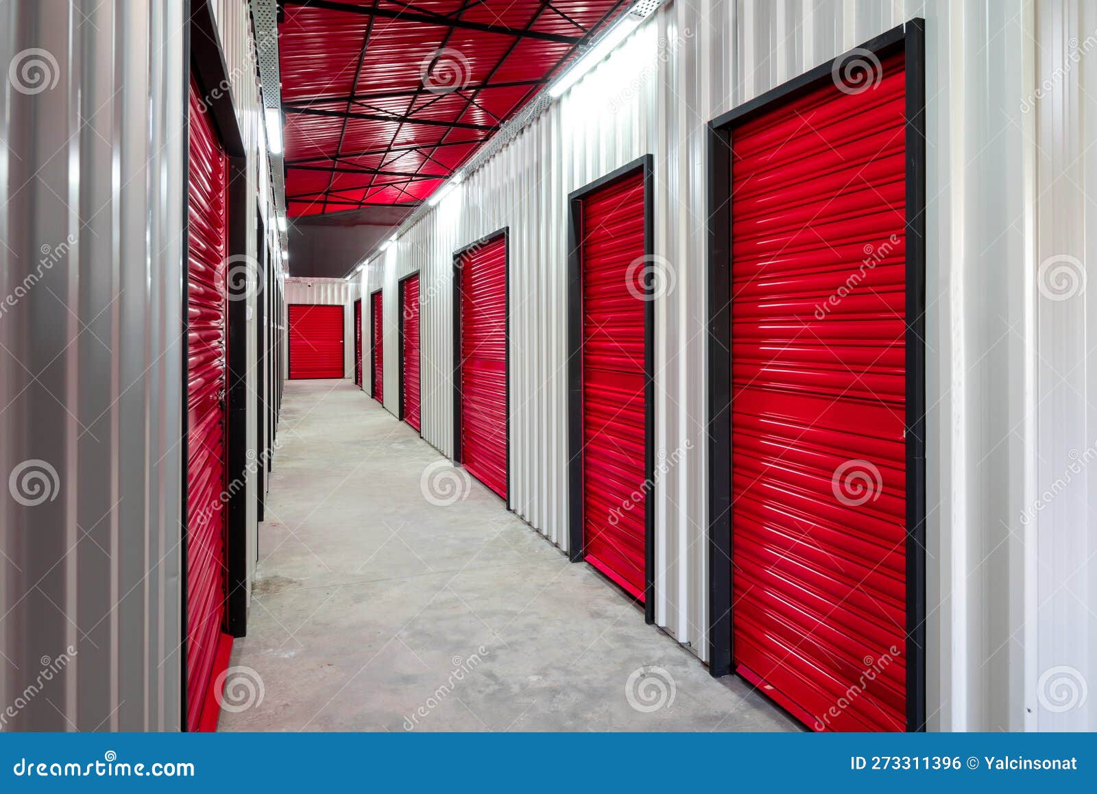 Corridor of Self Storage Unit with Red Doors. Rental Storage Units ...