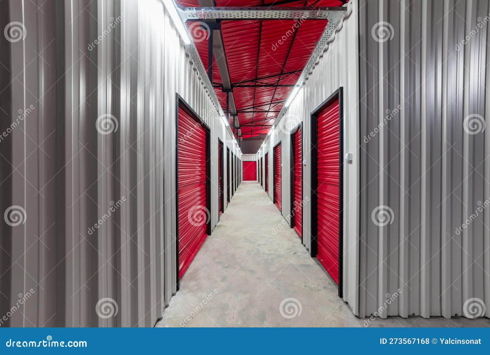 Corridor of Self Storage Unit with Red Doors. Rental Storage Units ...