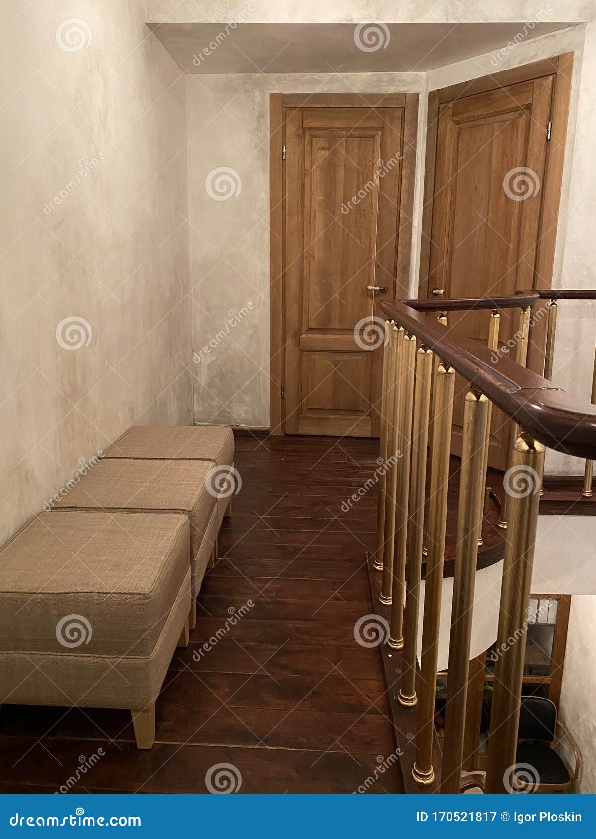 Corridor with Stairs and Wooden Doors Stock Image - Image of hardwood ...