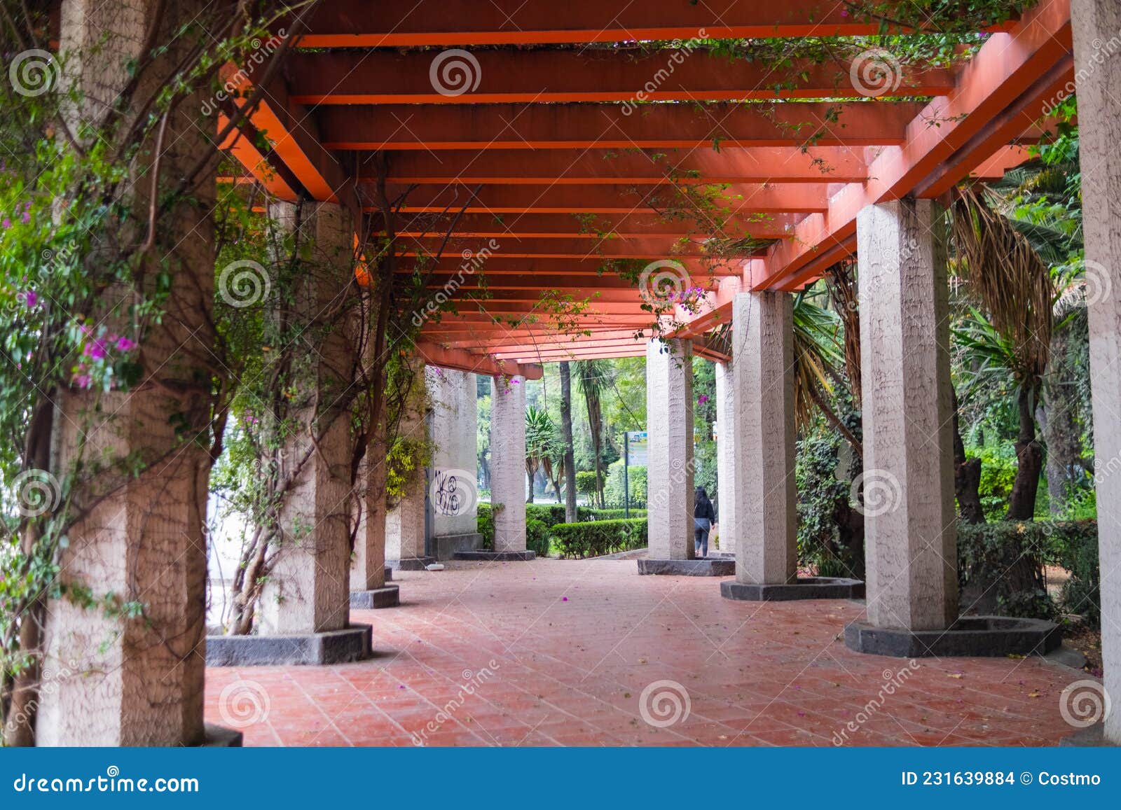 Corridor Surrounded by Columns and Under Red Pergola in Park Stock ...