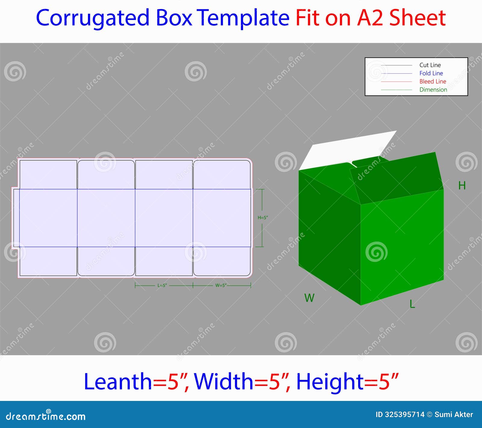 Corrugated Box L 5, W 5, H 5 Inches Dieline Template Stock Vector ...
