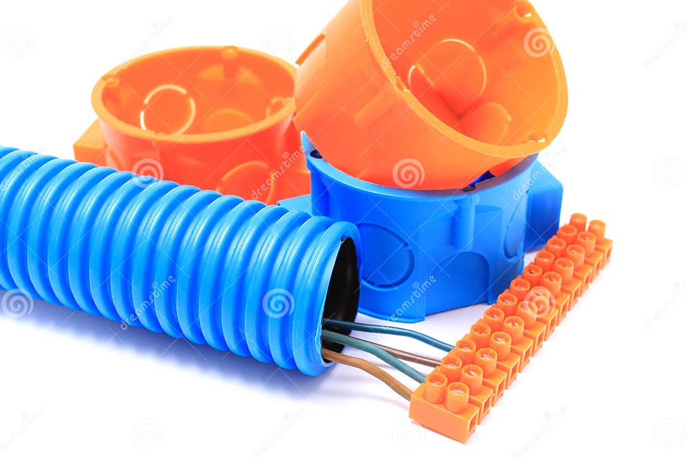 Corrugated Pipe, Electrical Box, Cable with Connection Block Stock ...