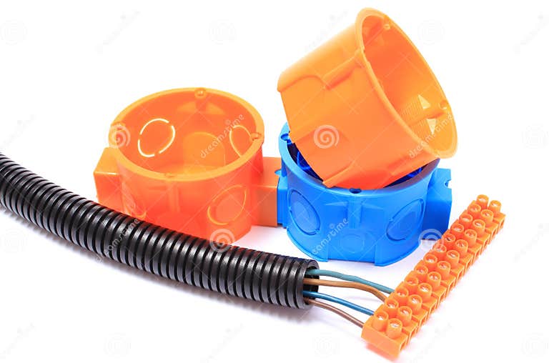 Corrugated Pipe, Electrical Box, Cable with Connection Block Stock ...