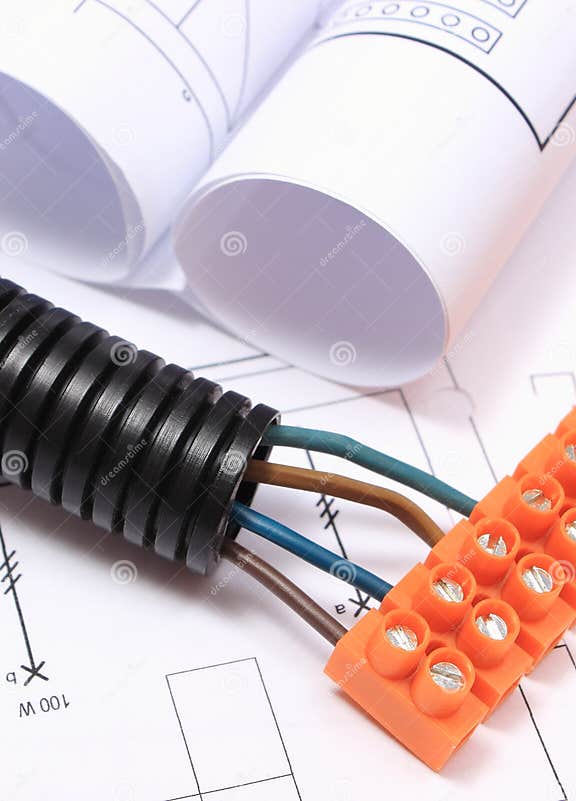 Corrugated Pipe and Electrical Cable with Connection Cube on Drawing ...