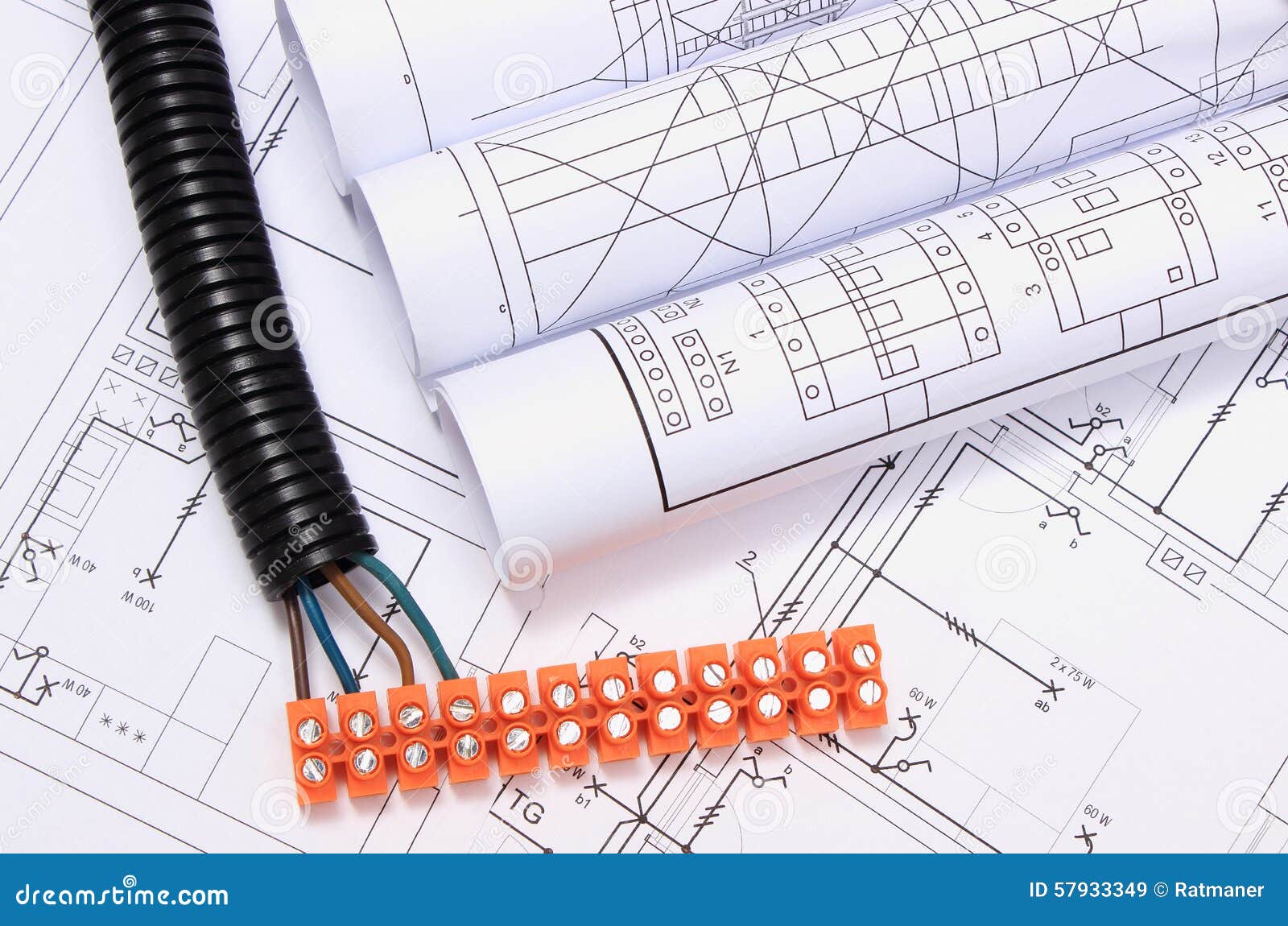 Corrugated Pipe and Electrical Cable with Connection Cube on Drawing ...