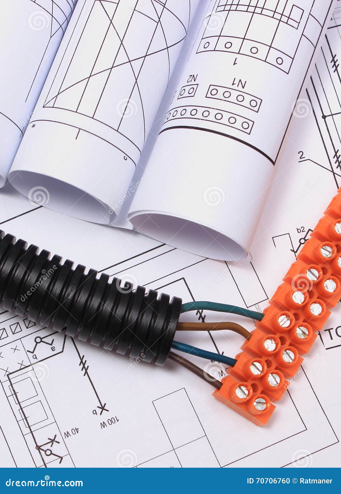 Corrugated Pipe And Electrical Cable With Connection Cube On Drawing ...