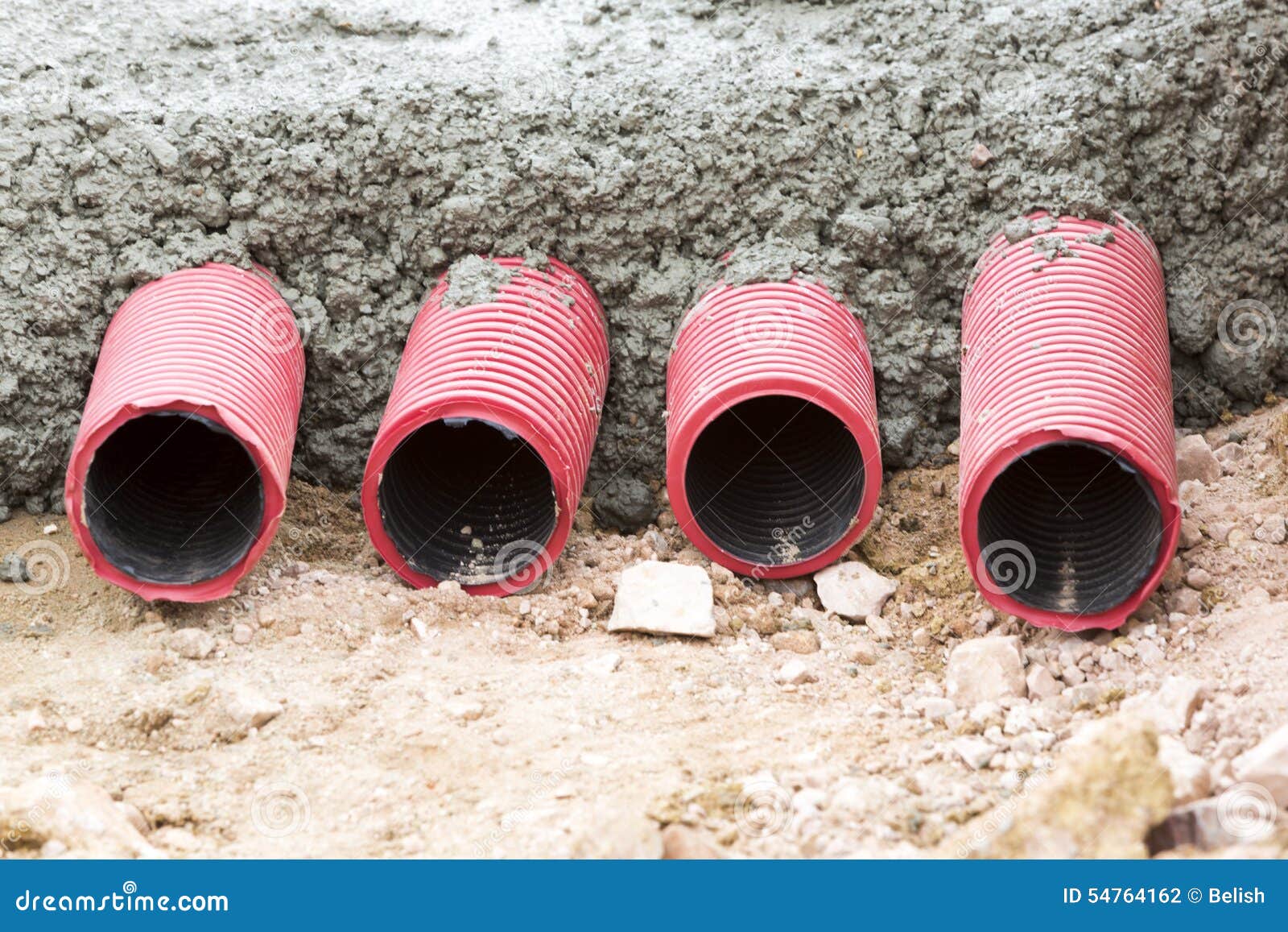 Concreting Red Corrugated Pipes For Electrical Installation. Royalty ...