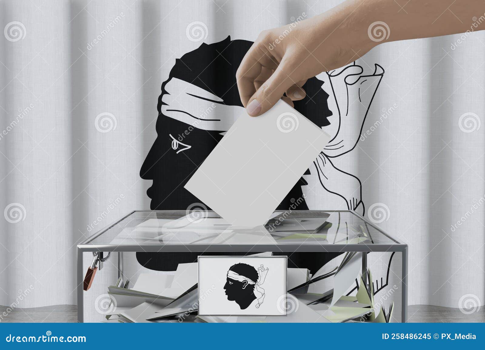 Corsica Flag, Hand Dropping Ballot Card into a Box - Voting/ Election ... Corsica Flag, Hand Dropping Ballot Card into a Box - Voting/ Election ...