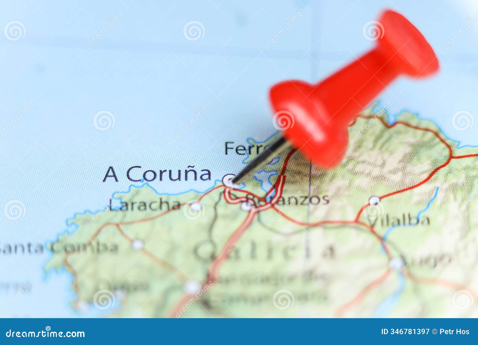 A Coruna, Spain pin on map stock image. Image of atlas - 346781397