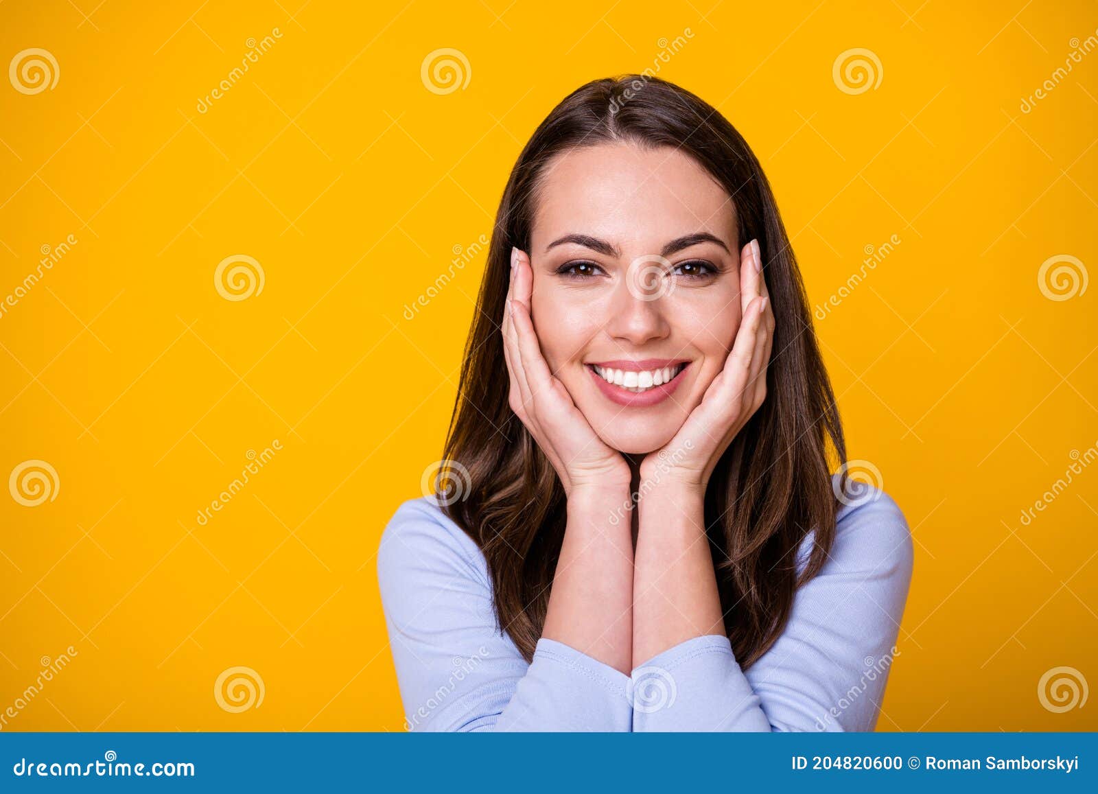 Coseup Photo Of Attractive Cheerful Lady Good Mood Arms On Cheekbones