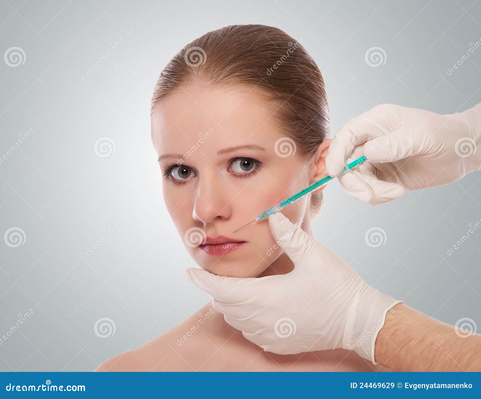 Injection Of Botox In Female Lips And Holding Syringe. Closeup Of ...