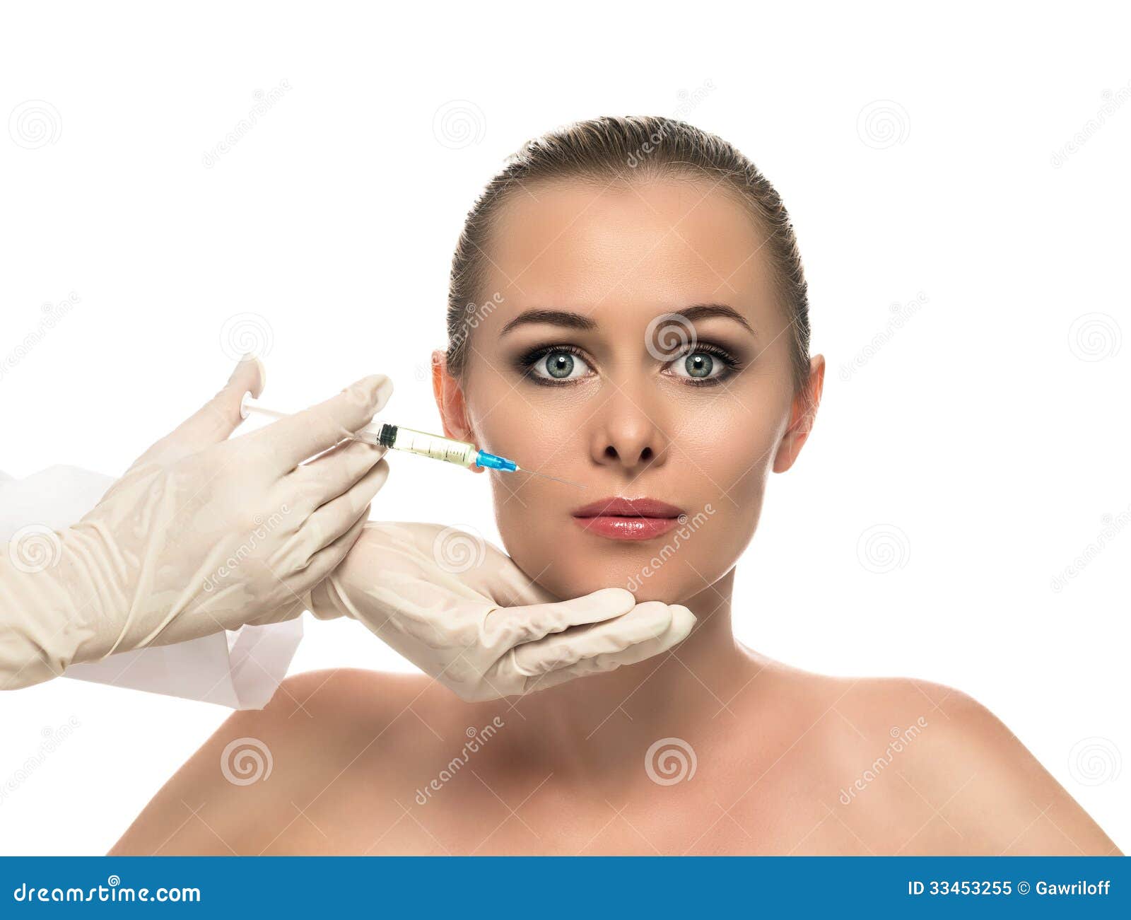 Cosmetic Injection To The Pretty Beautiful Woman Face And Beautician Hands With Syringe Stock