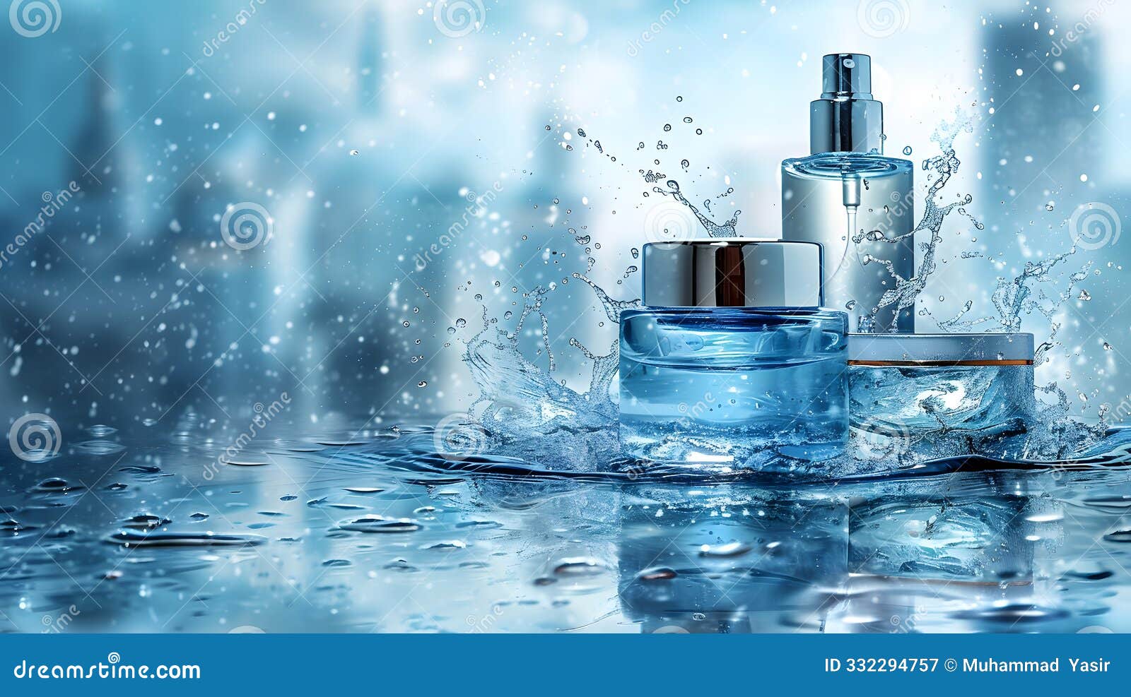 Cosmetic Products in Water Splash on Blue Background Stock Image ...
