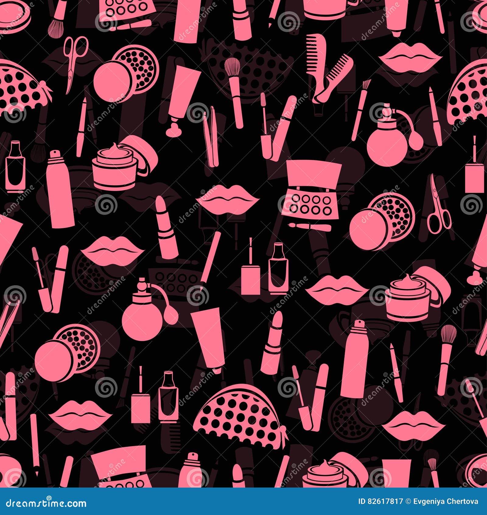 Cosmetic Seamless Pattern Accessories Background Pink Products On Black Stock Vector