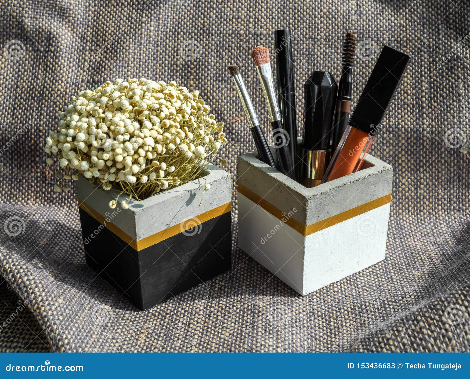Cosmetic Set and Dried Flower in Cubic Shape Concrete Container Stock ...