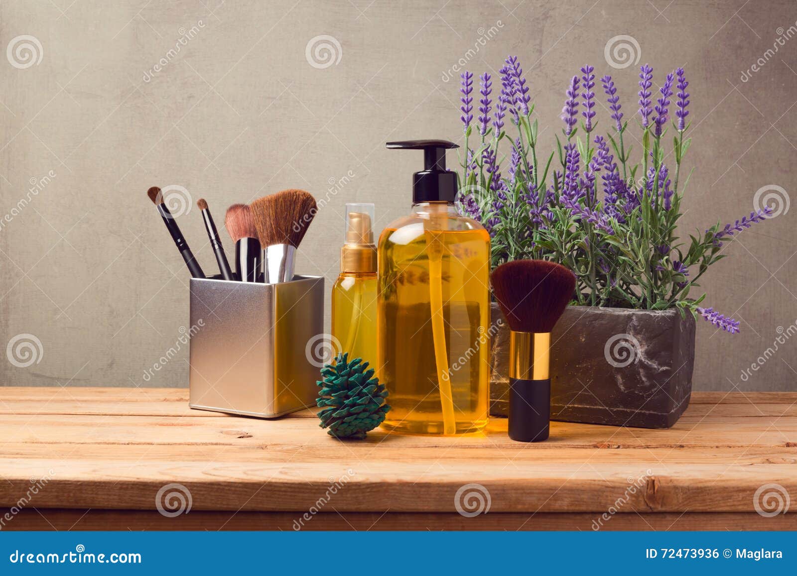 Cosmetic SPA and Make Up Background with Products on Wooden Table Stock ...