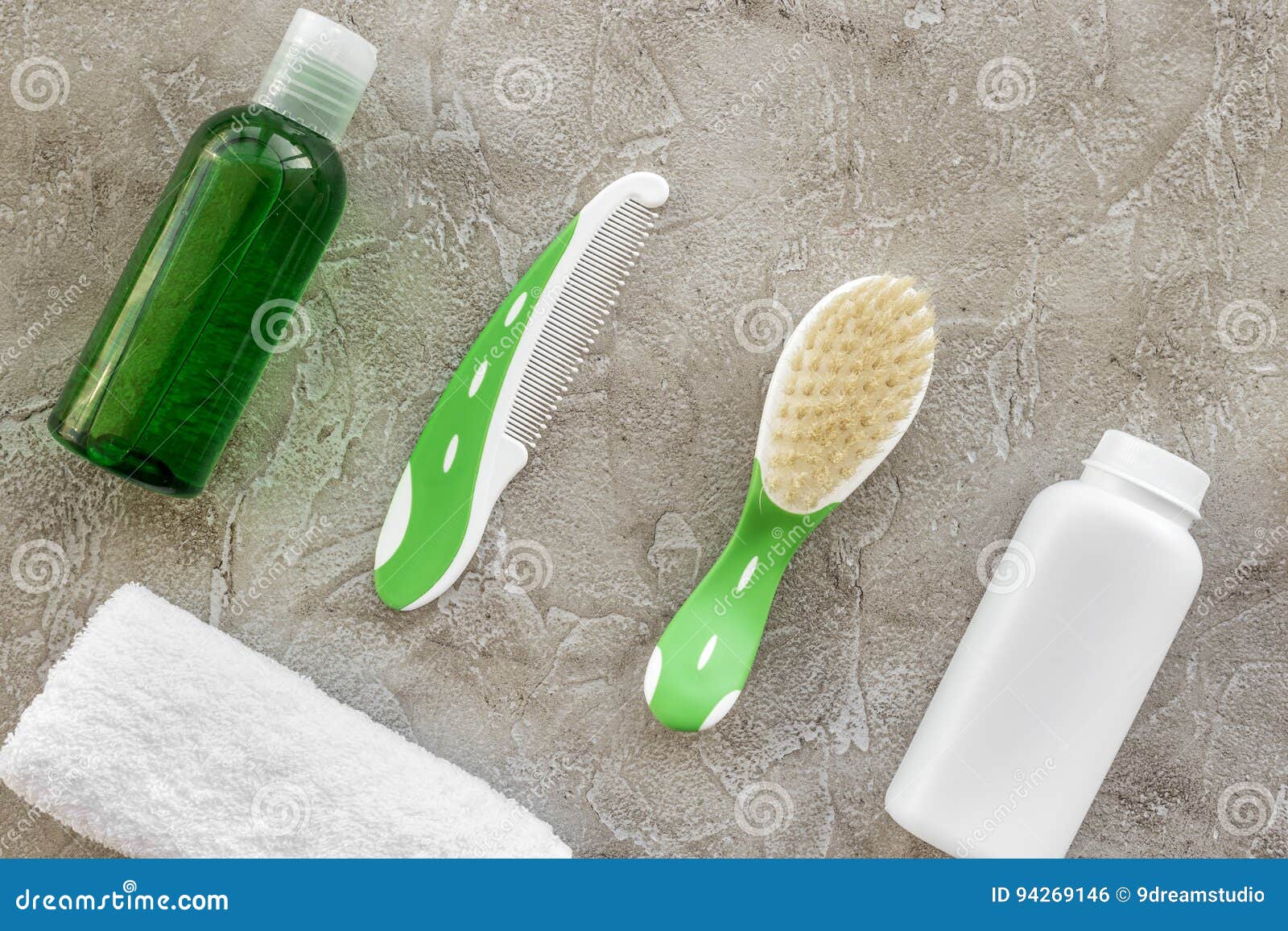Cosmetics for Baby Bath, Towel and Comb on Gray Background Top View ...