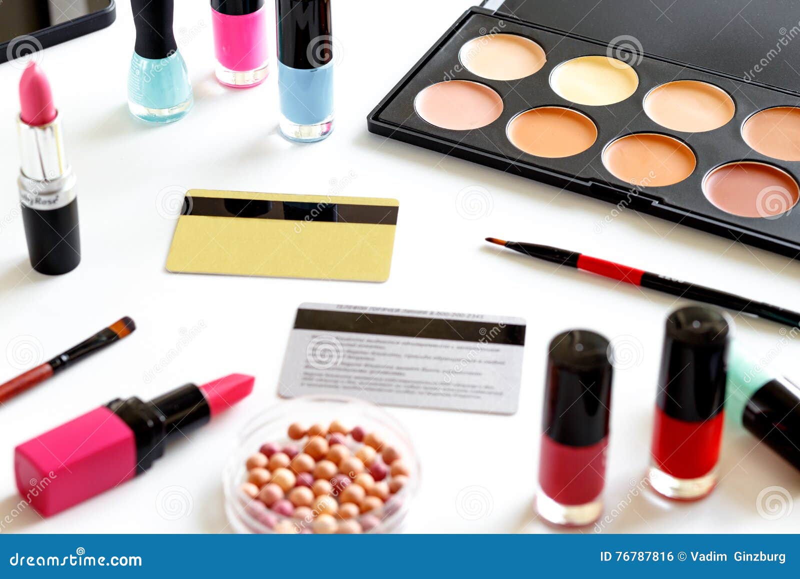 Cosmetics Discount Card with Makeup Set on White Backround Stock Photo ...