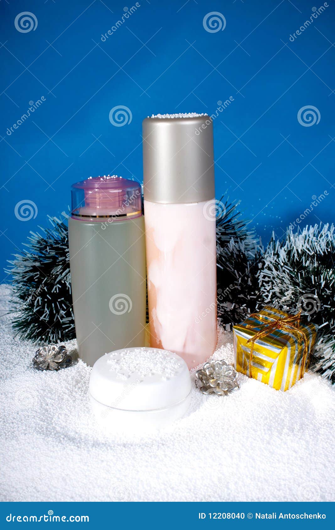 Cosmetics set on snow. stock photo. Image of shampoo - 12208040